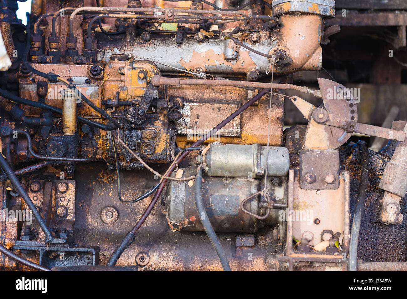 Vintage engine car system. Part of old diesel engine of heavy truck ...