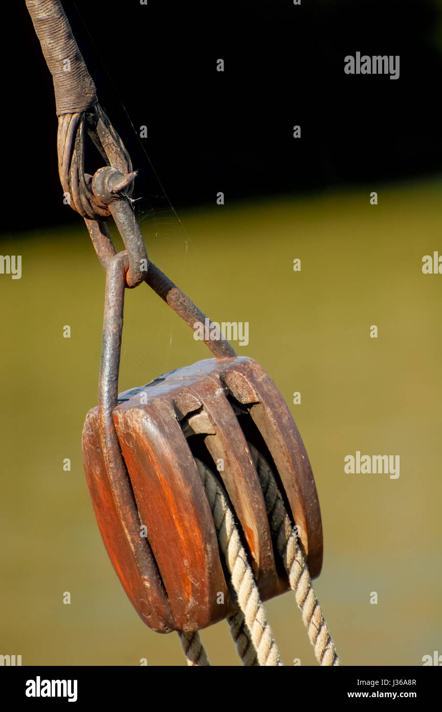 antique block and tackle lifting equipment on an old sailboat Stock ...
