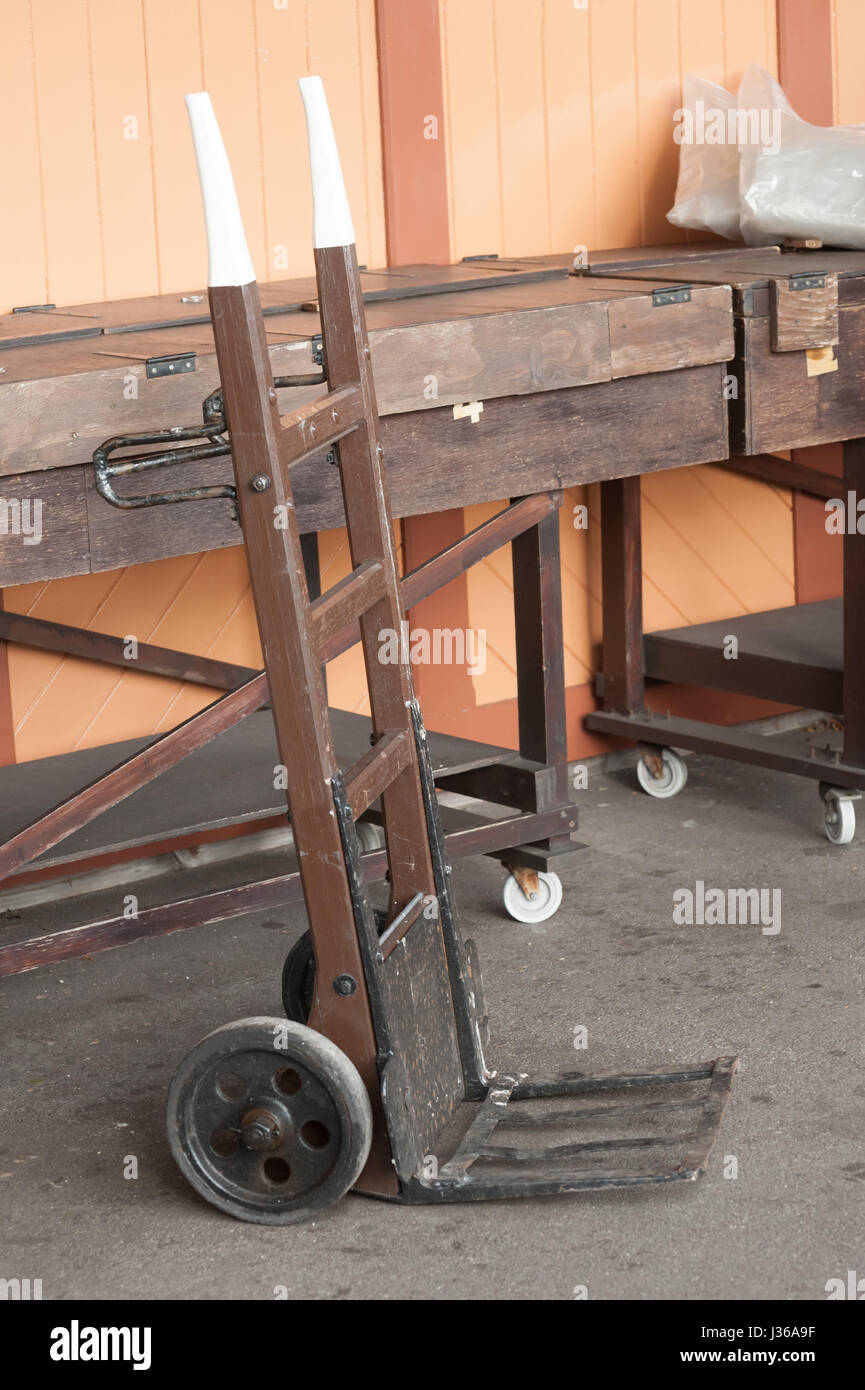 vintage wooden handcart on a railroad platform Stock Photo - Alamy