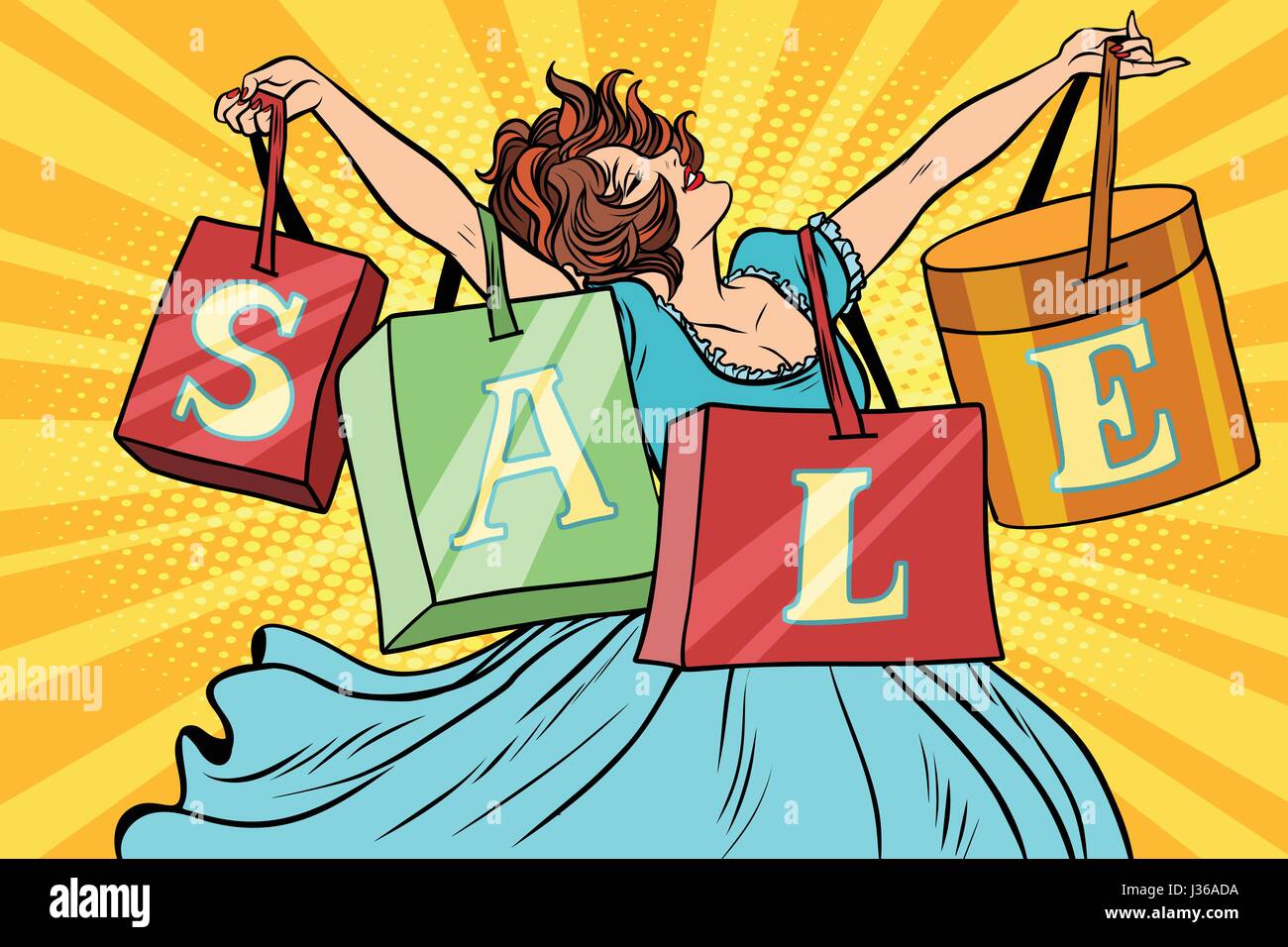 Woman with sale bags shopping. business and the buyer. Comic cartoon ...