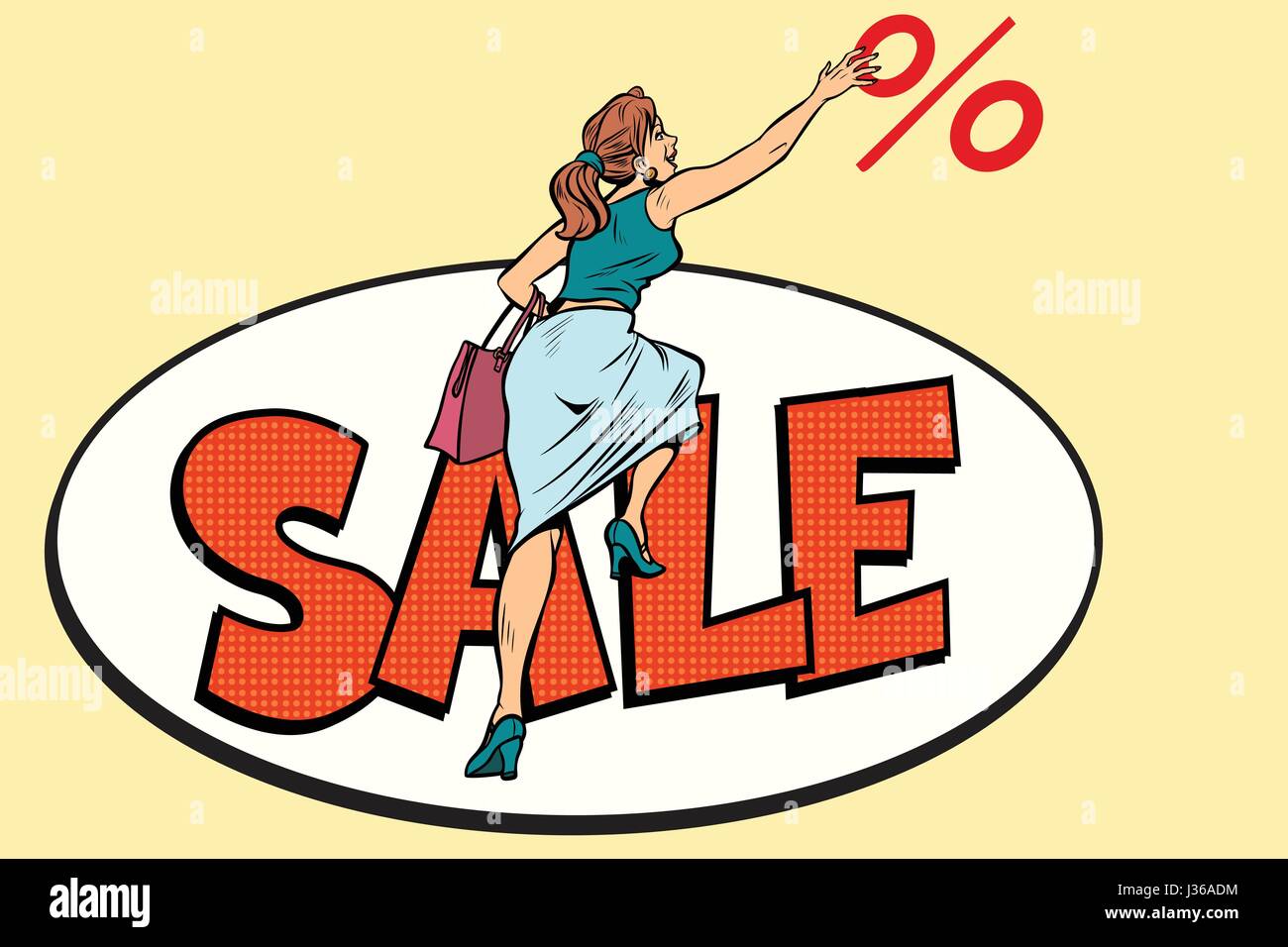 Woman customer, sales and discounts. Comic cartoon style pop art vector ...
