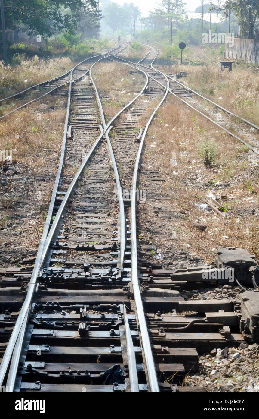 Railway track with points and grass, Yangon, Myanmar Stock Photo - Alamy