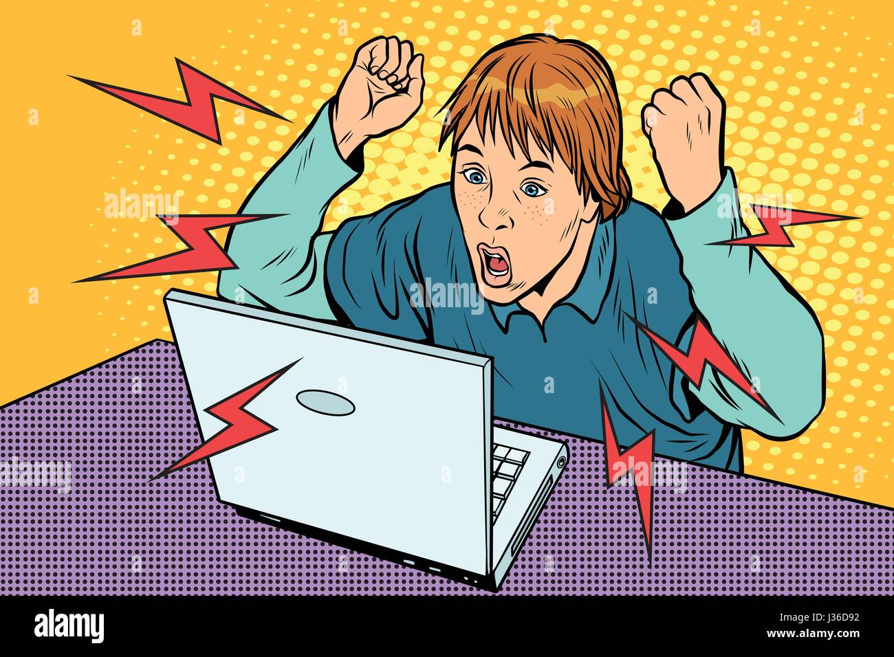 Angry teenager sitting at computer laptop. Pop art retro vector ...