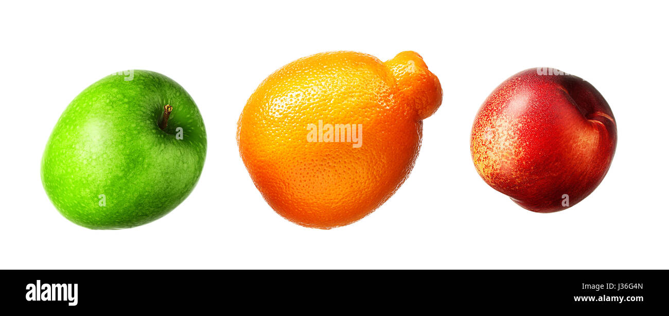 Summer fruit set against a white background apple, nectarine, orange ...