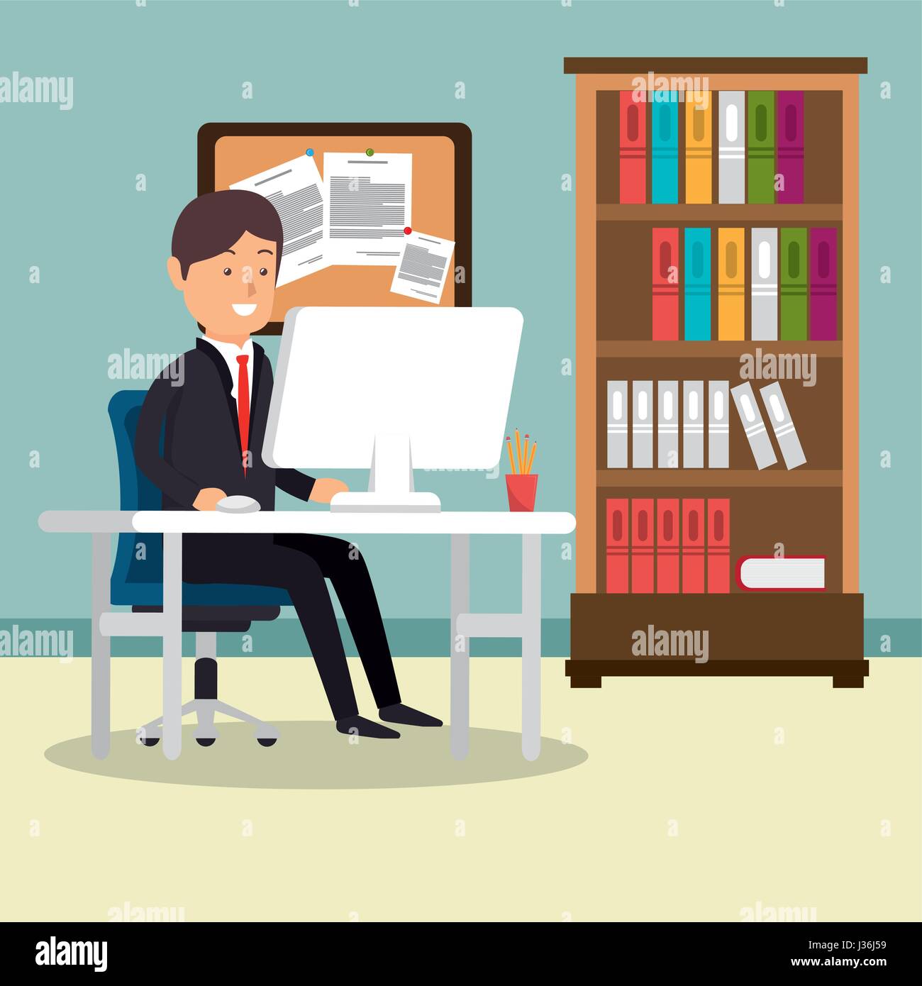Cartoon Businessman Sitting Work Desk Stock Photos & Cartoon ...