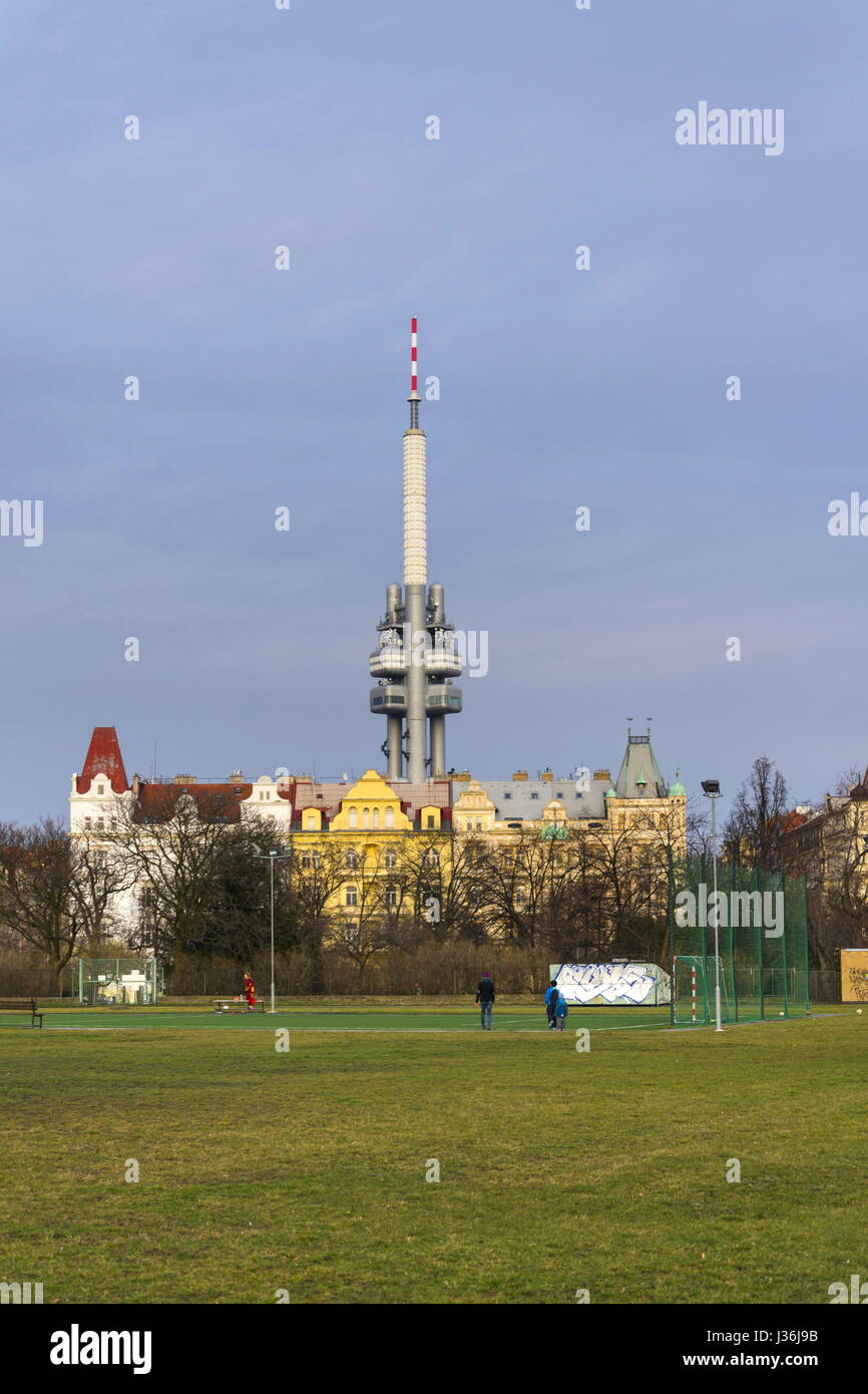 Prague skyline with Zizkov television tower transmitter Stock Photo - Alamy