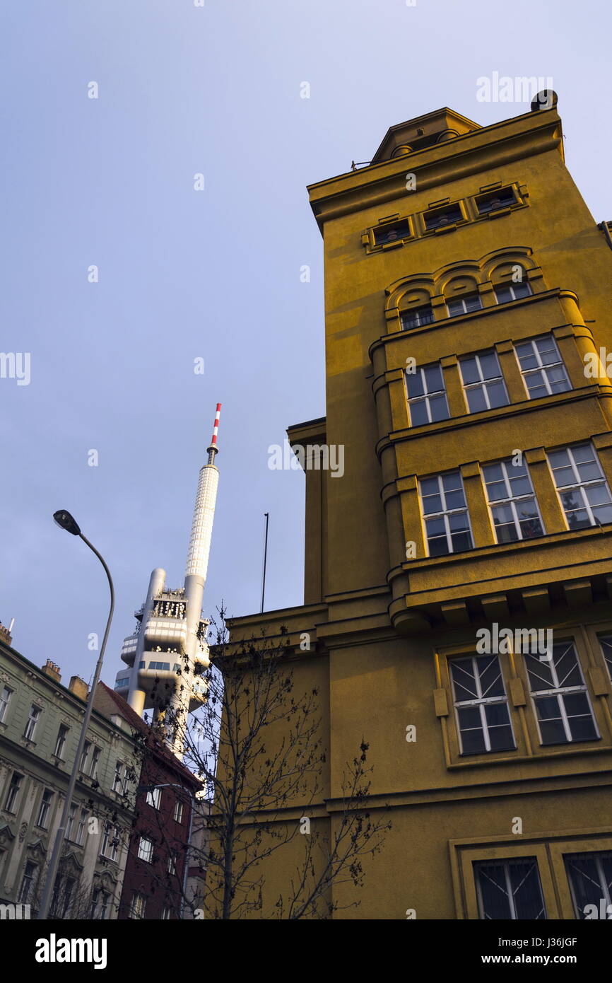 Prague skyline with Zizkov television tower transmitter Stock Photo - Alamy