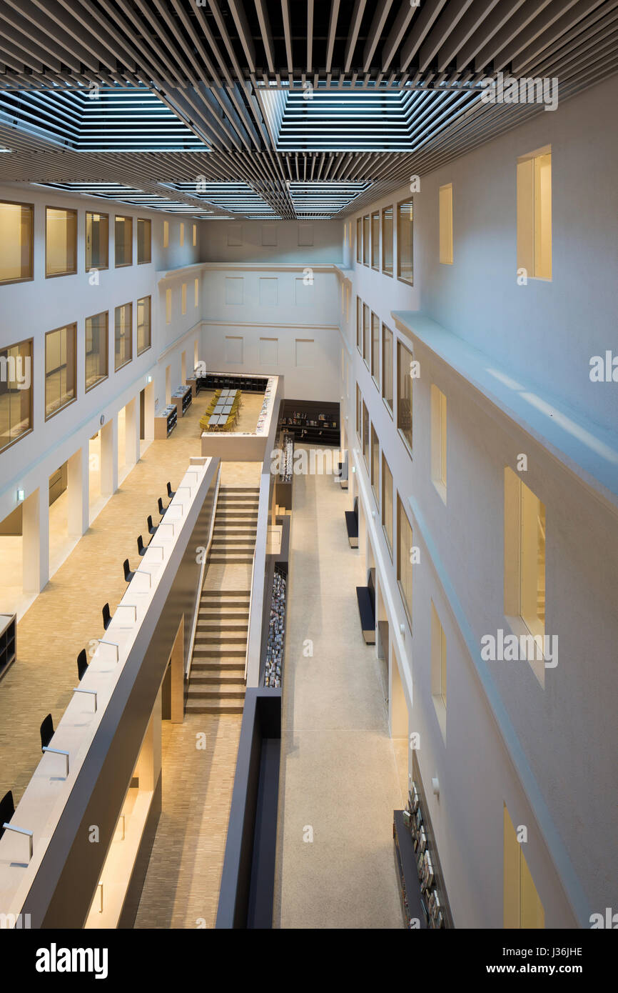 Elevated view into canopied reading courtyard. Haus der Bildung ...