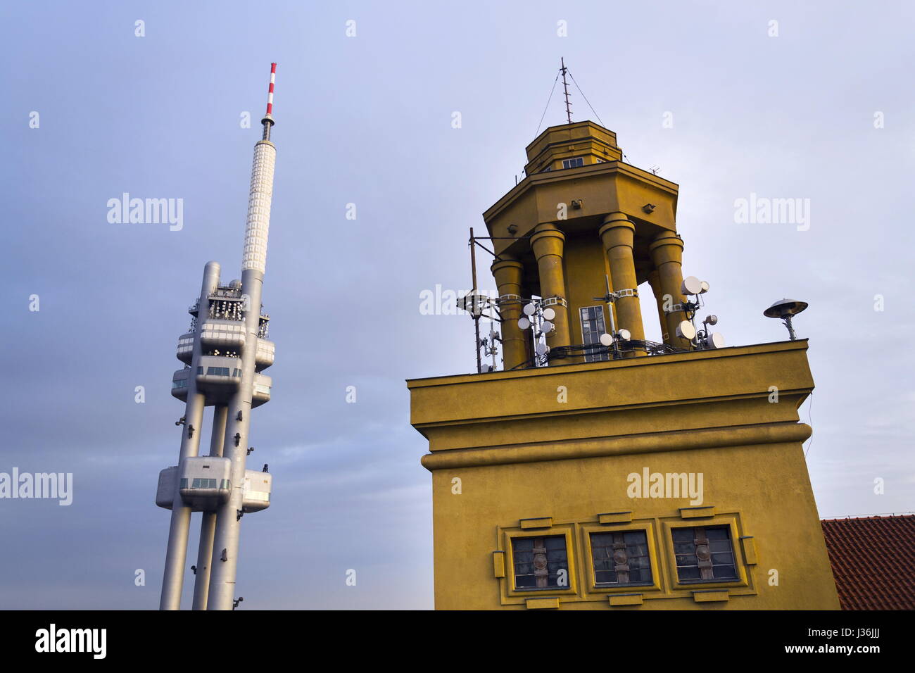 Prague skyline with Zizkov television tower transmitter Stock Photo - Alamy