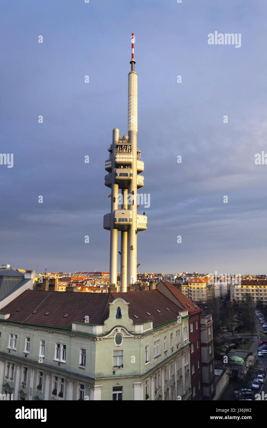 Prague skyline with Zizkov television tower transmitter Stock Photo - Alamy