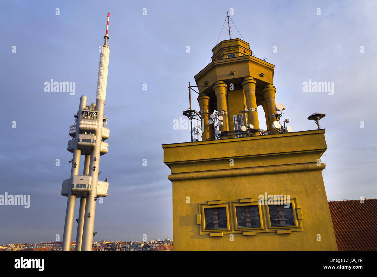 Prague skyline with Zizkov television tower transmitter Stock Photo - Alamy