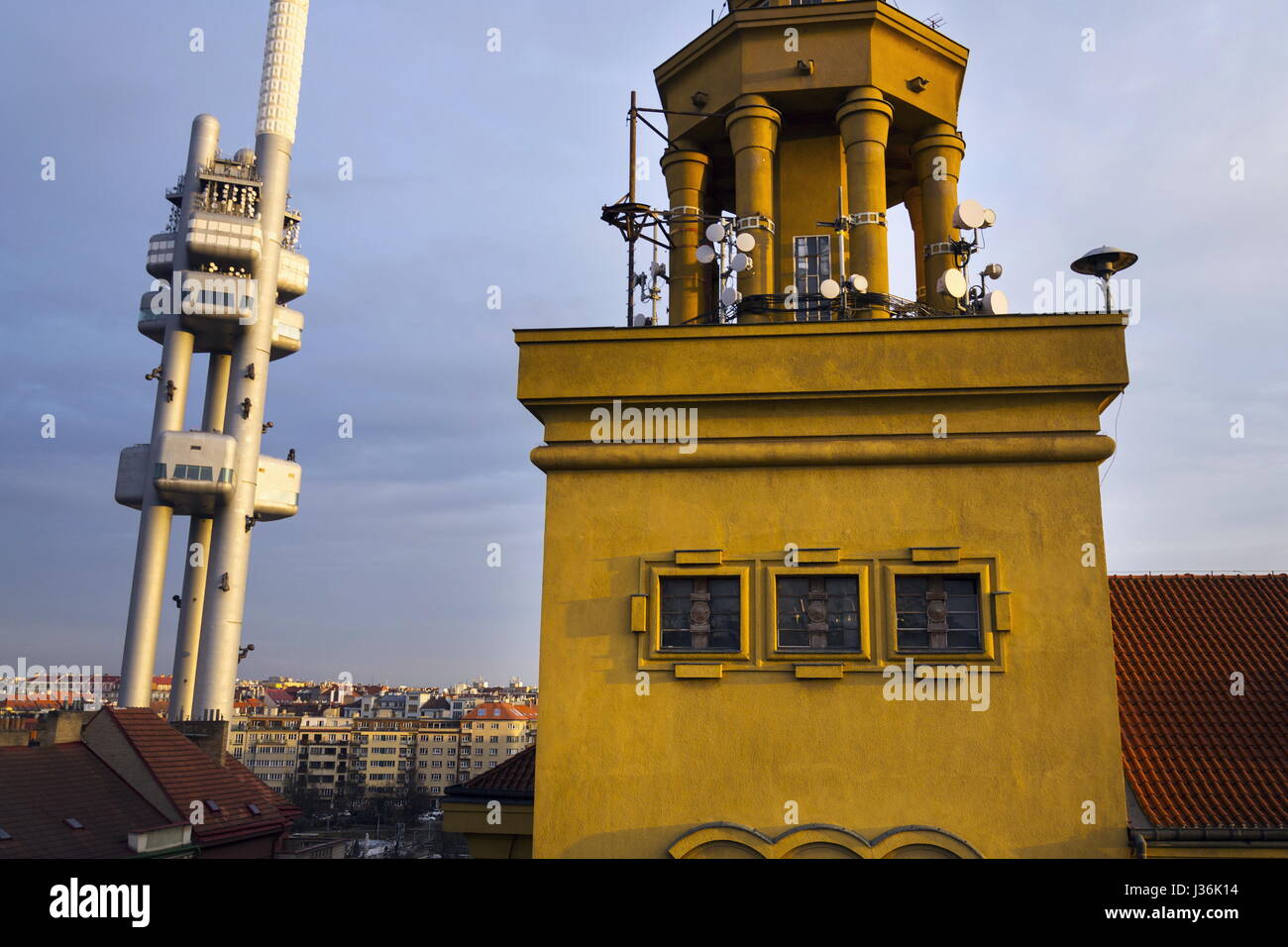 Prague skyline with Zizkov television tower transmitter Stock Photo - Alamy