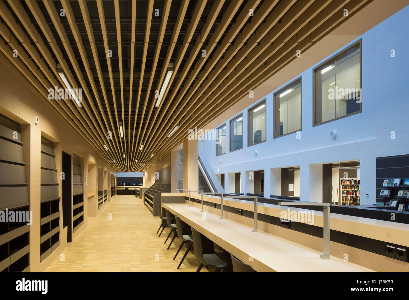 Reading mezzanine in canopied central courtyard. Haus der Bildung ...