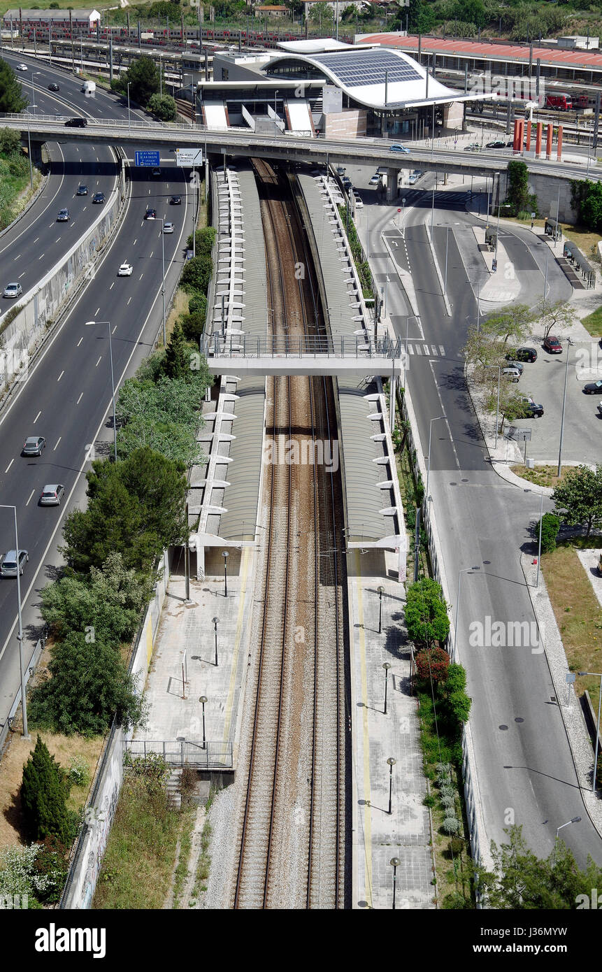 View of Campolide station, from Aguas Livres Aqueduct, crossing ...