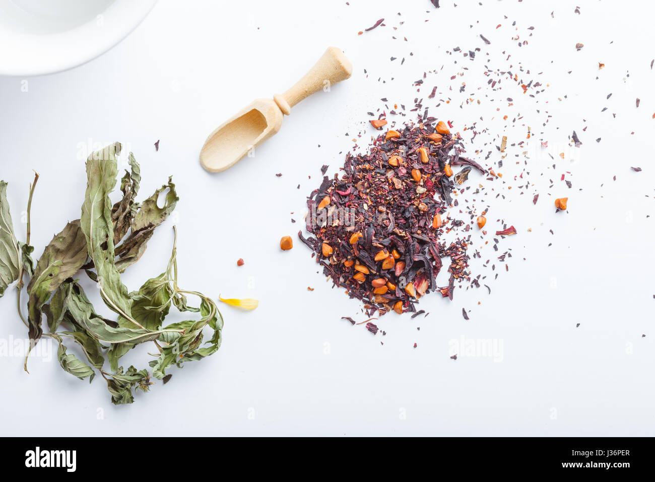 Asian aromatic tea ingredients and herbs isolated on white background ...
