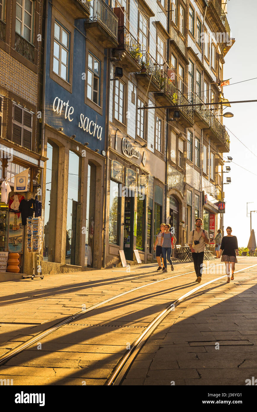 Porto Portugal center street, view of people walking along the Rua da ...