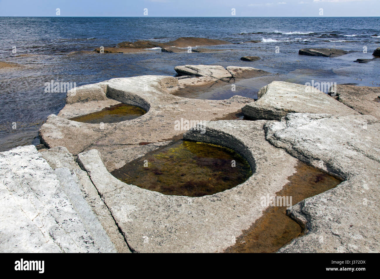 Gislövshammar, circular formations in rock along the Baltic sea coast ...