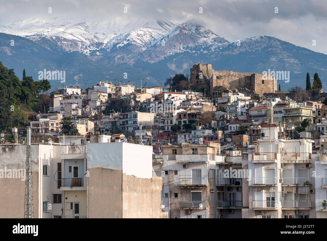 Looking towards old Patras and its castle, with Mount Panachaiko in the ...