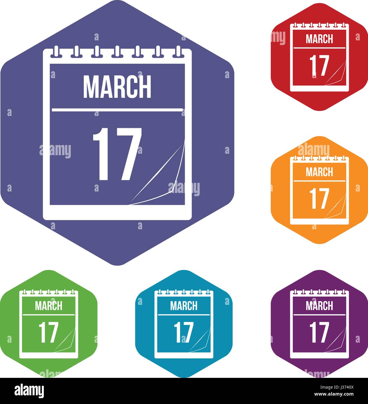 Calendar with date of March 17 icons set hexagon Stock Vector Image ...