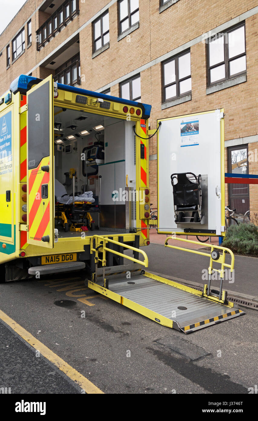 Rear of UK ambulance showing interior and ramp outside Royal Victoria ...