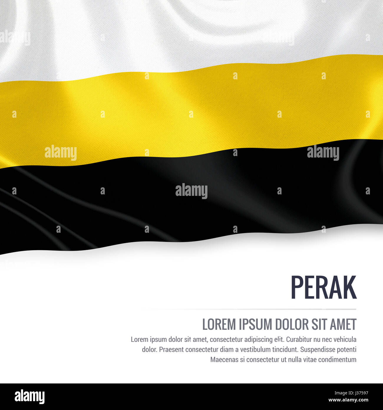 Perak flag. Flag of Malaysian state Perak waving on an isolated white ...
