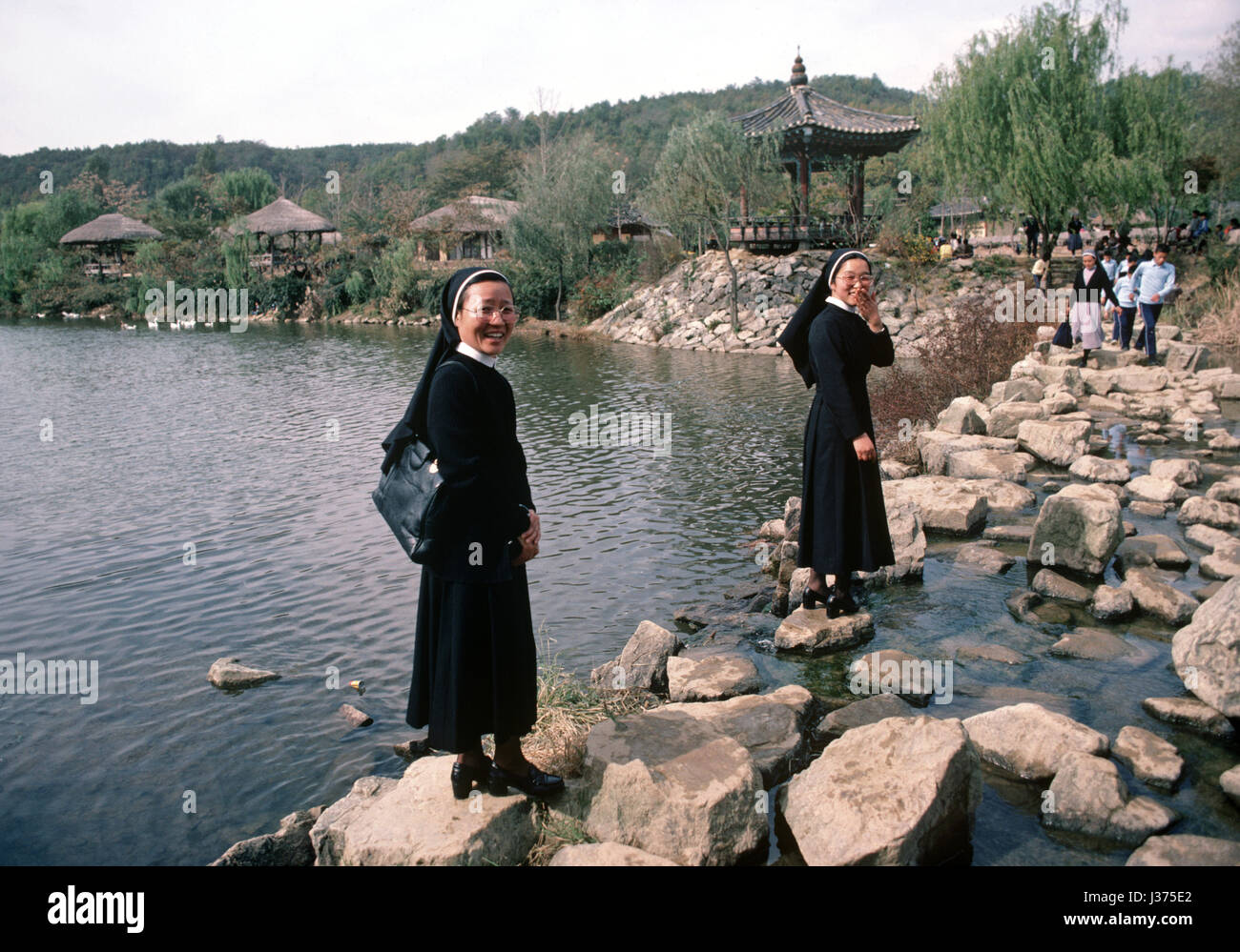 South Korean Catholic nuns on stepping stones in Bulguksa Temple ...