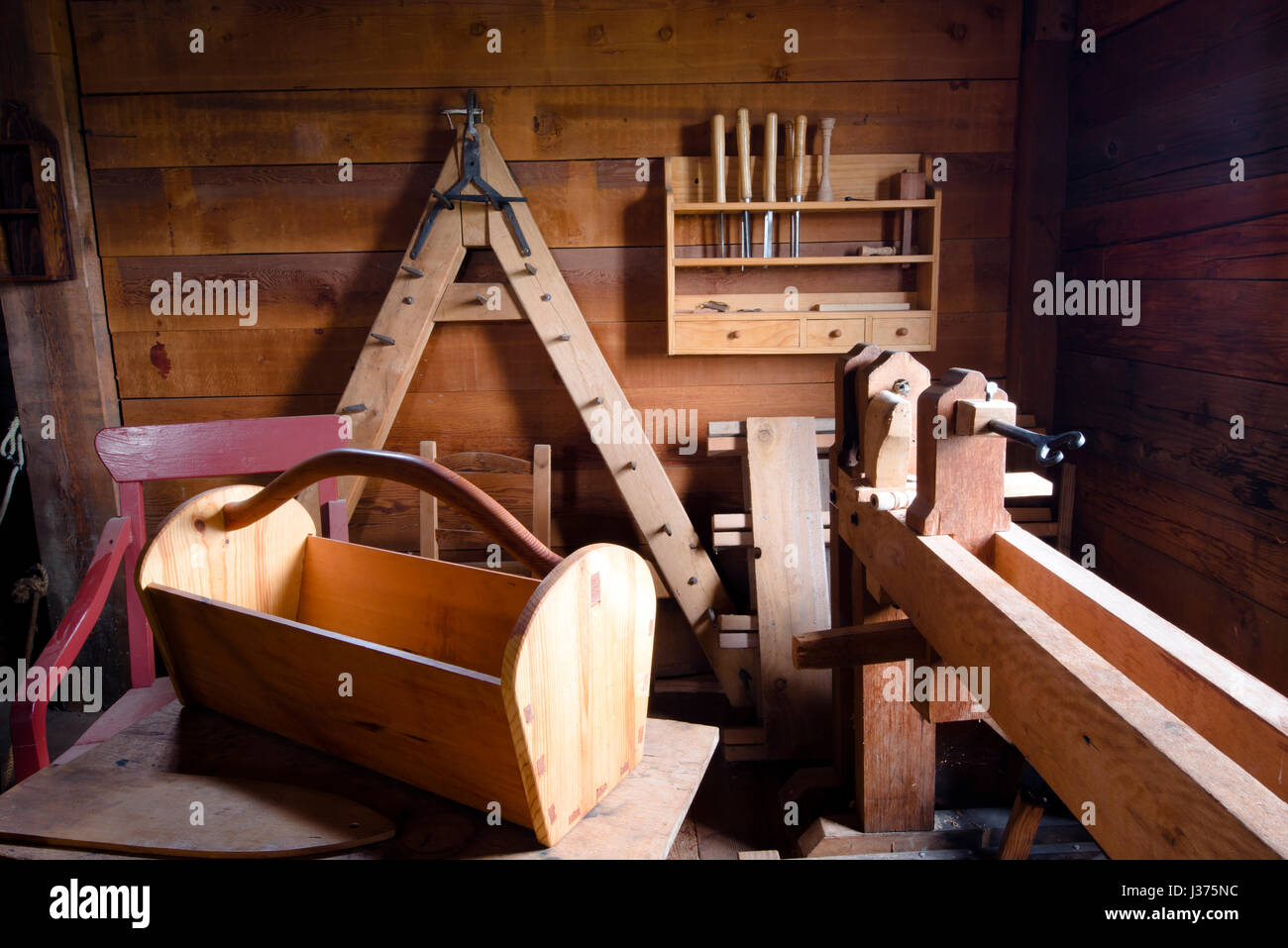 Carpentry workshop with various carpentry tools and blanks for wooden ...