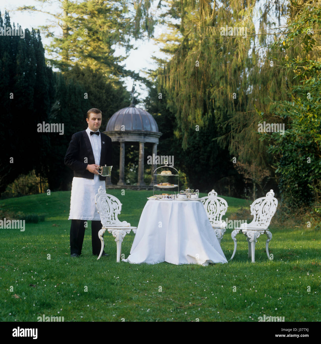 Waiter next to outdoors dining table set up on lawn Stock Photo - Alamy
