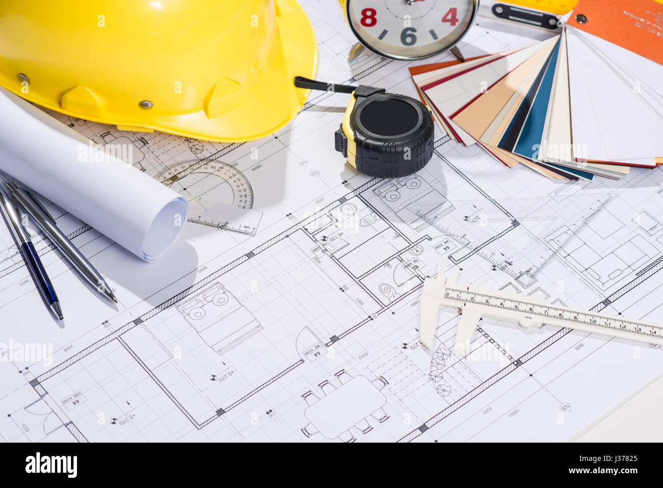 Architects workplace - architectural project with blueprints Stock ...