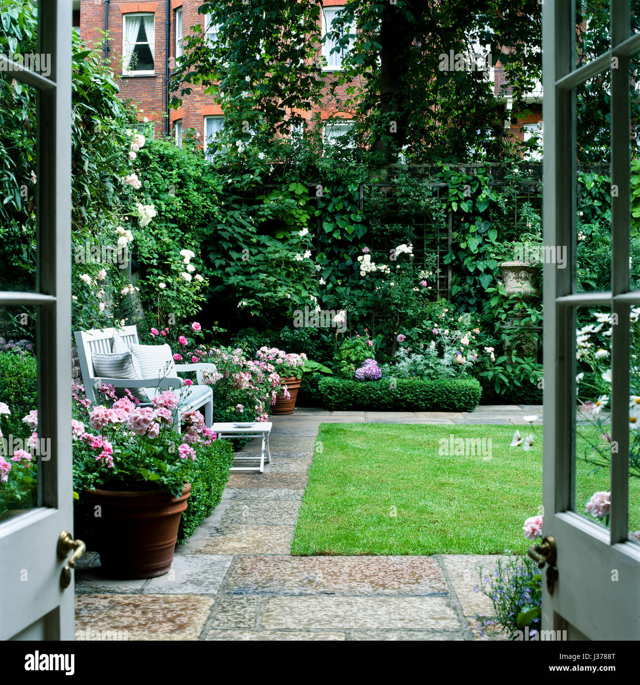 Back garden with bench Stock Photo - Alamy