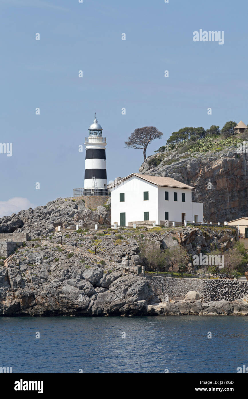 harbour entrance with lighthouse of Port de Sóller, Mallorca, Spain ...