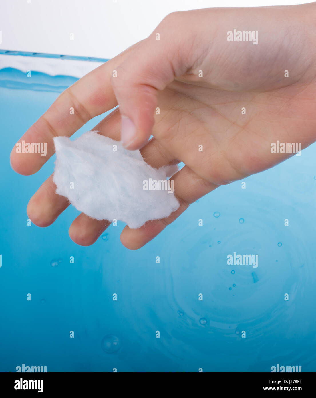 Hand holding some wet cotton over blue water Stock Photo - Alamy