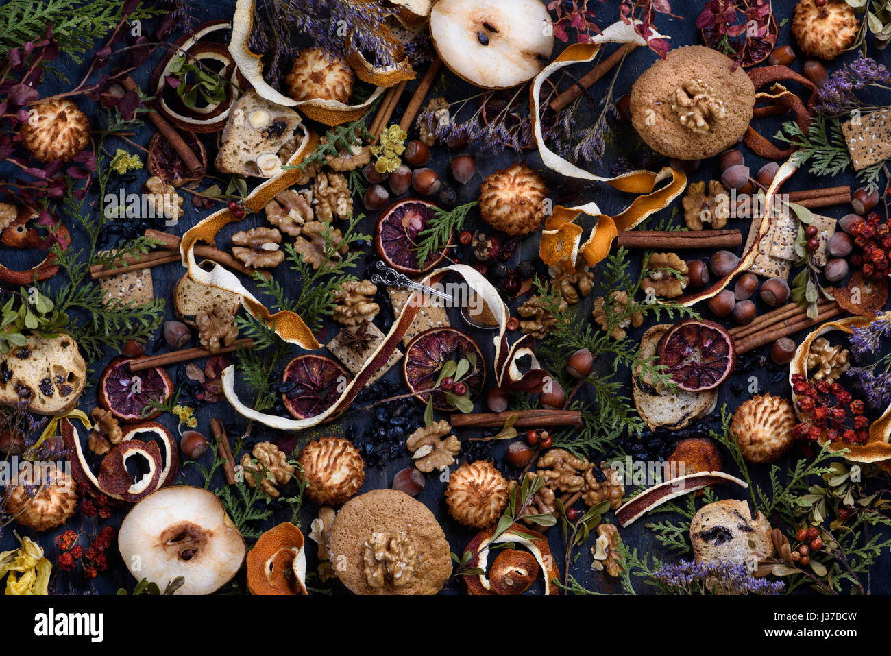 Thanksgiving decorationbackground, pastry, spices and nuts on rustic ...