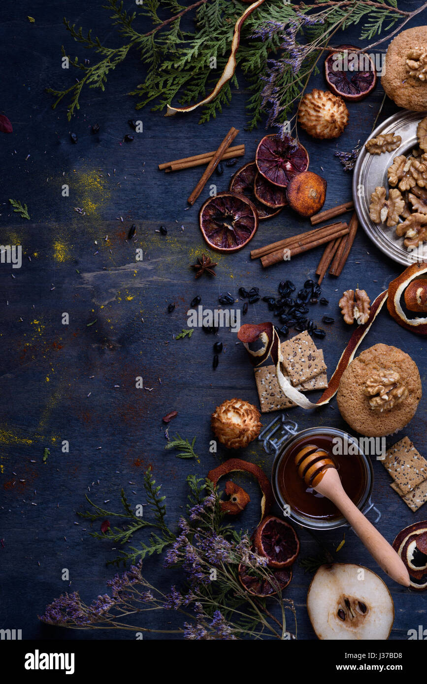 Multiple desserts served on a table, oriental style. Top view, copy ...