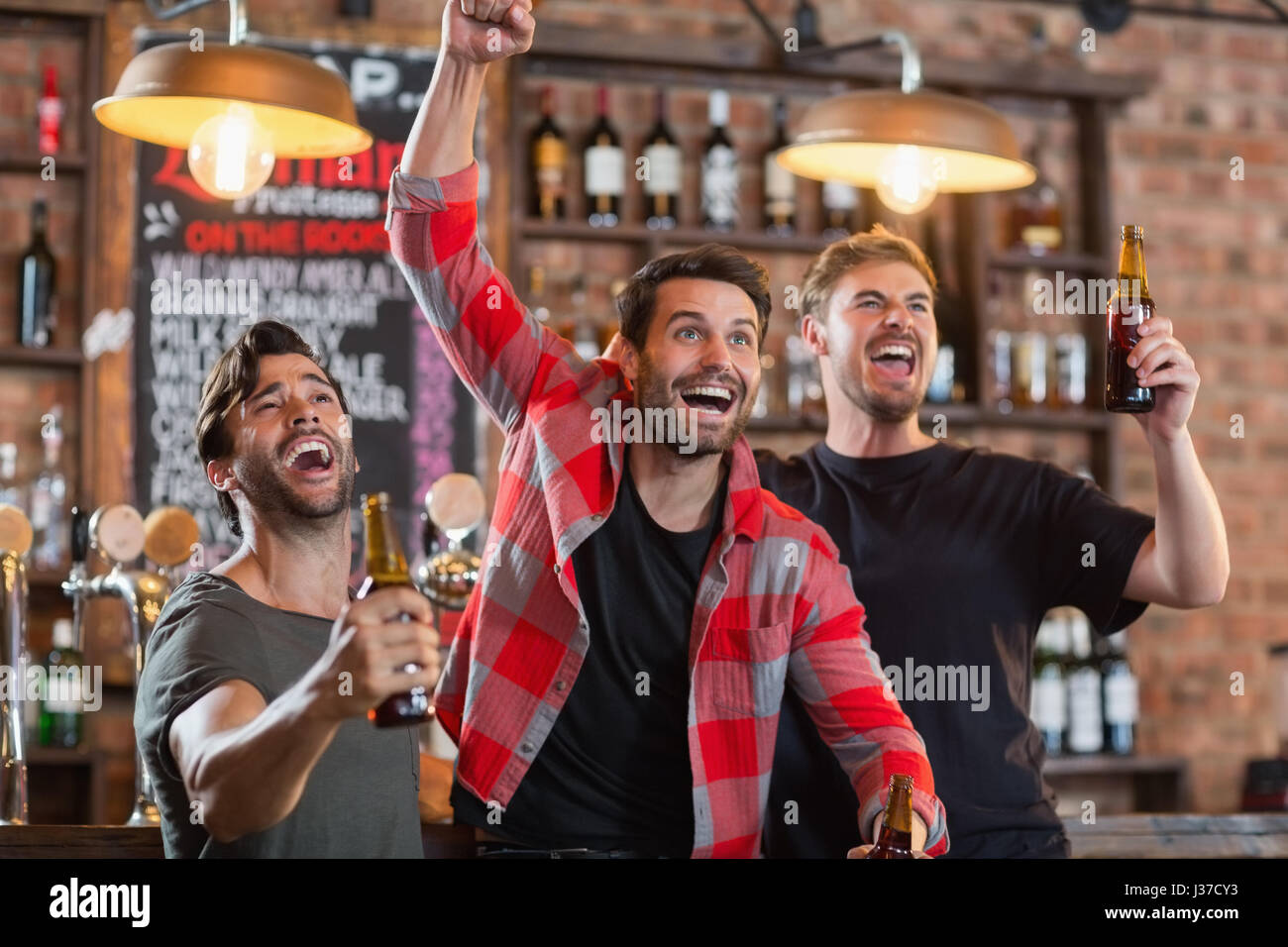 Happy friends cheering in bar hi-res stock photography and images - Alamy