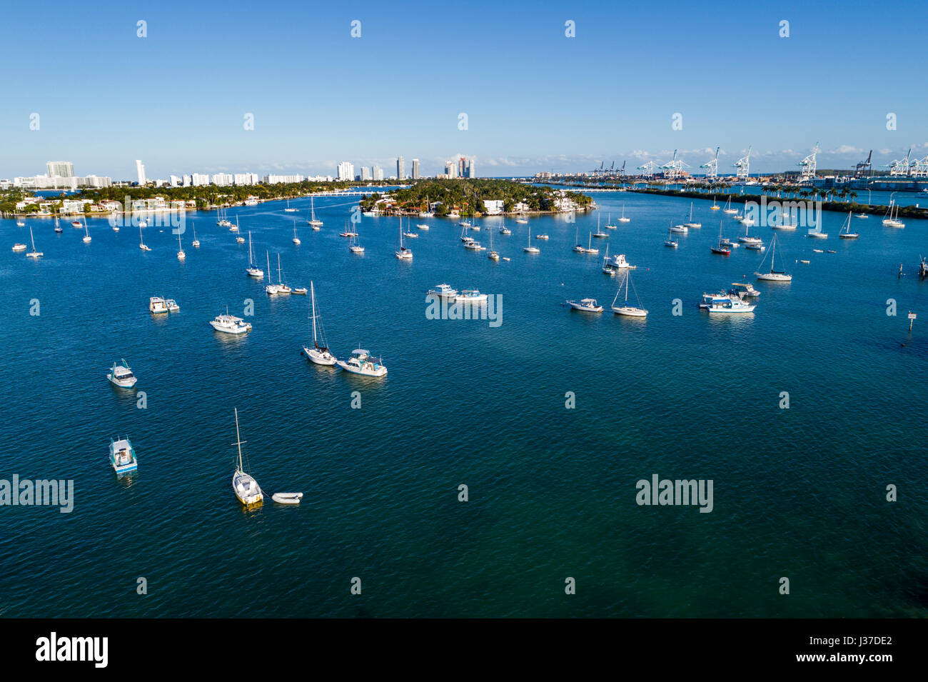 Miami Florida,Biscayne Bay water,boats,aerial overhead bird's eye view ...