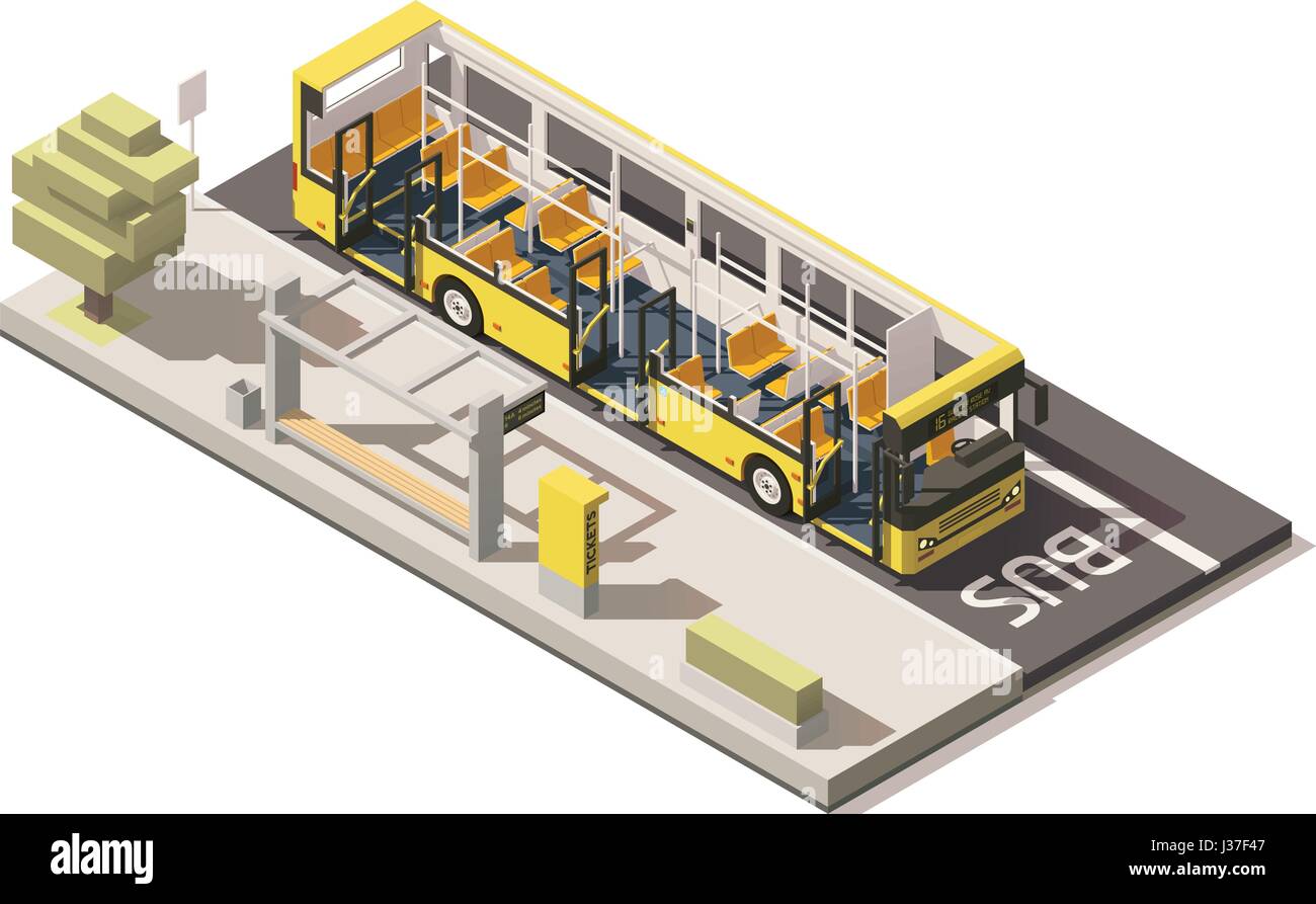 Vector isometric low poly bus near the bus stop Stock Vector Image ...
