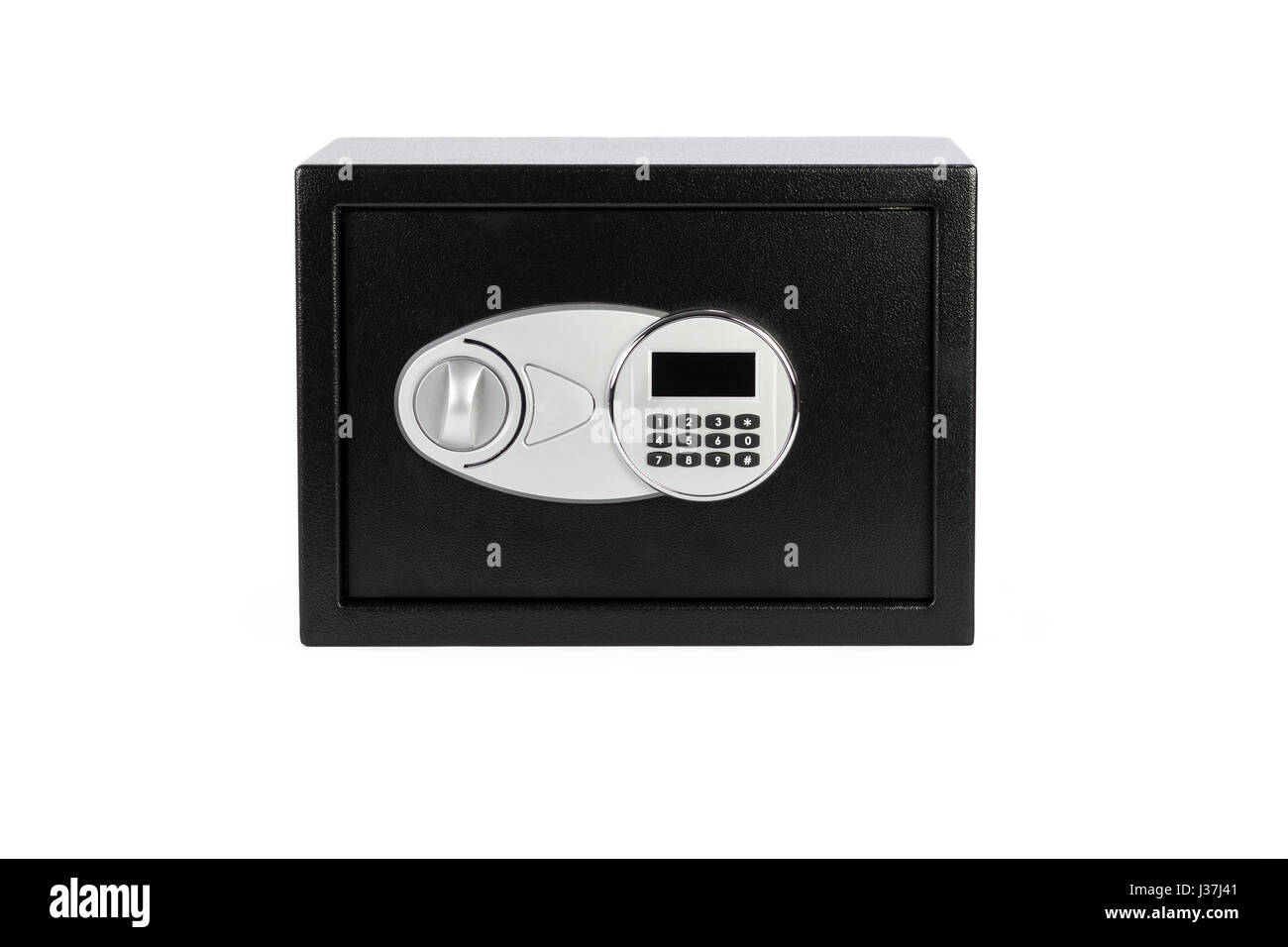 Black metal safe box with numeric keypad locked system on white ...