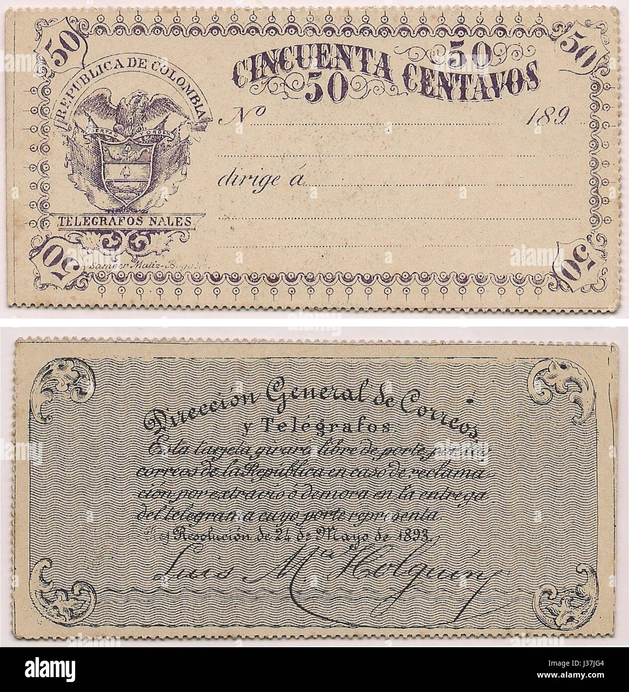 This 50-cent stamp from Colombia in the 1890s features a telegraph ...