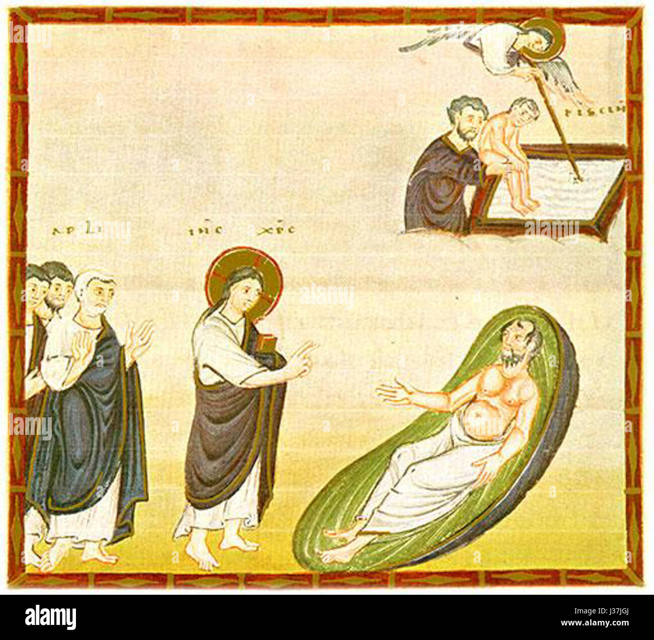 Folio 036v of Codex Egberti, depicting the Healing at Bethesda ...