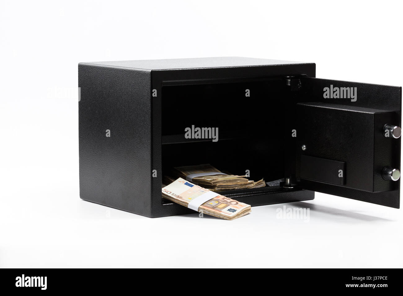 Open Safe Deposit Box, Pile of Cash Money, Euros. on white background ...