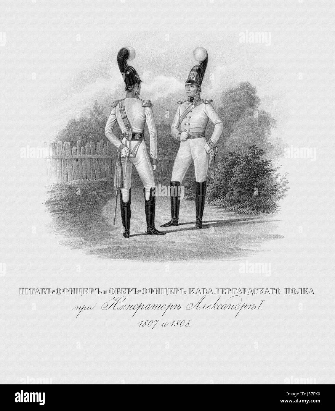 Lithograph depicting two officers of the Russian Chevalier Guard ...