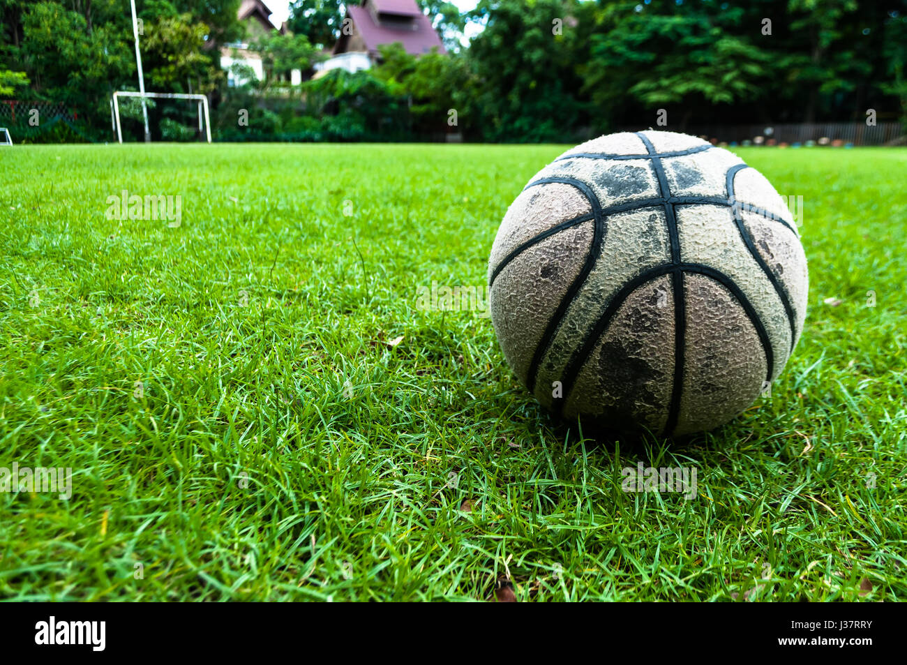 old used ball on green grass field Stock Photo - Alamy