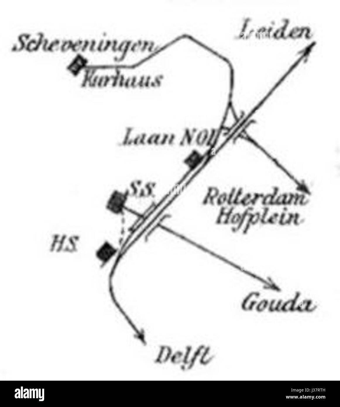 The 1936 map of Den Haag (The Hague) shows the locations of railway ...