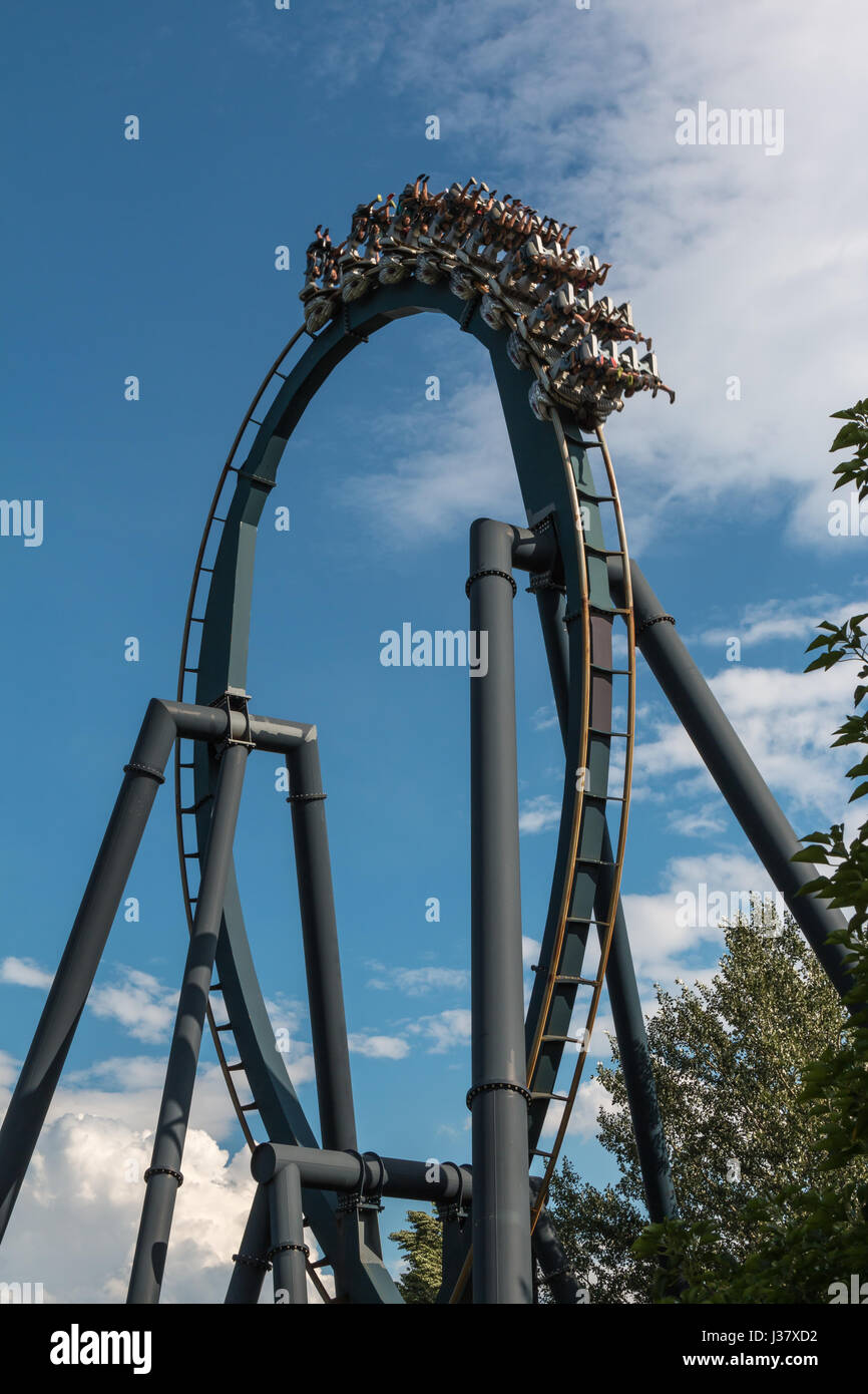 Red Roller-coaster Track inside Public Amusement Park Stock Photo - Alamy