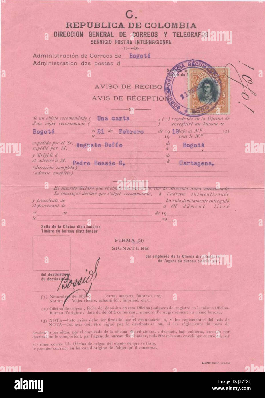 The Colombia Avis de Reception form from 1912 is a historical document ...