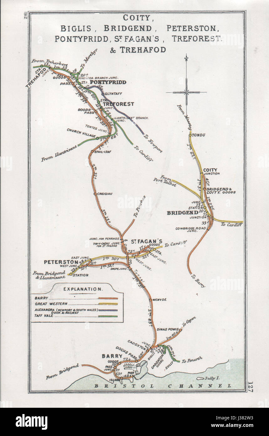 A detailed map highlighting several towns and villages in the Bridgend ...