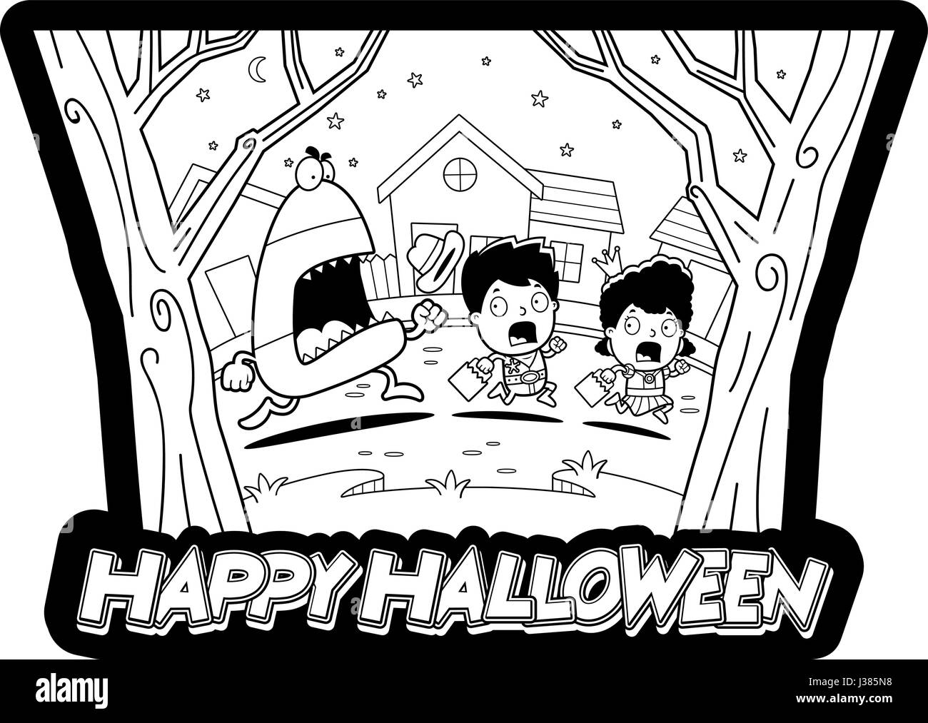 A cartoon illustration of trick-or-treaters running away from a candy ...