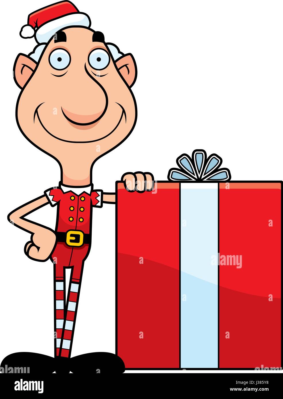 An illustration of a cartoon Christmas elf grandpa with a large gift ...