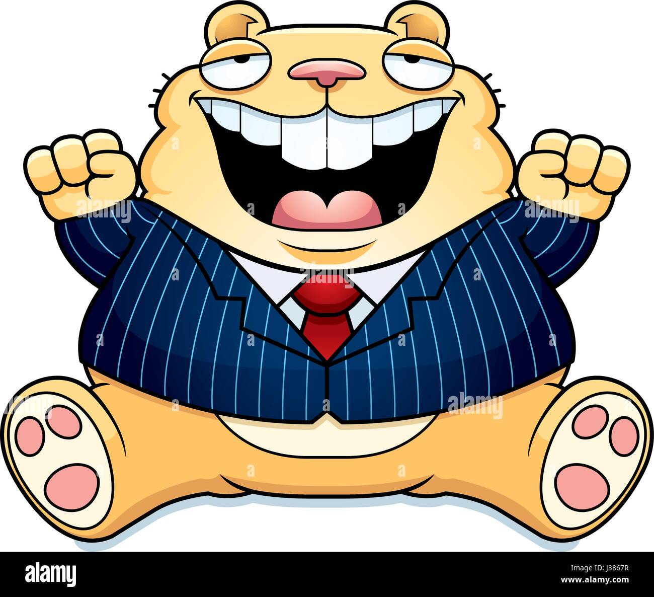 A cartoon illustration of a fat hamster in a suit smiling and sitting ...